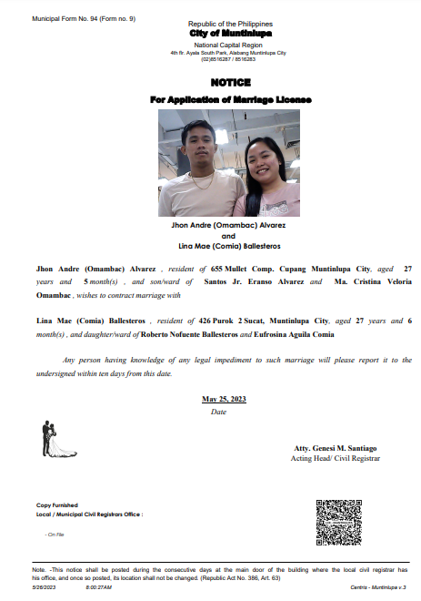 Notice Marriage License – Local Civil Registry Office