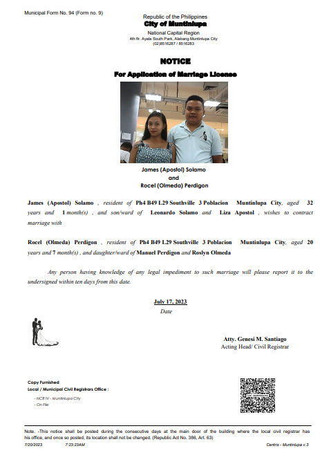 Notice Marriage License – Local Civil Registry Office