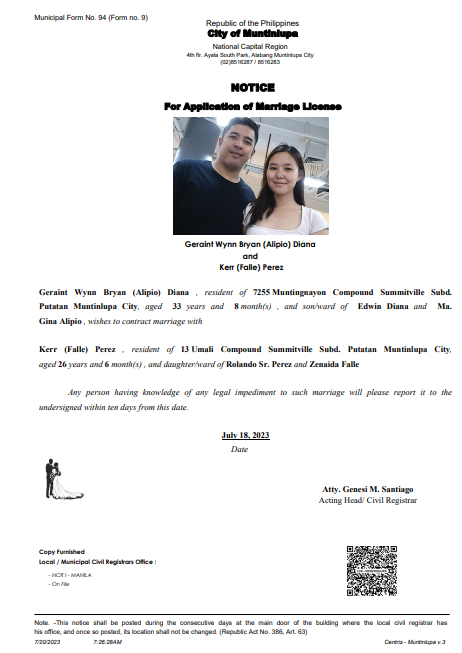 Notice Marriage License – Local Civil Registry Office