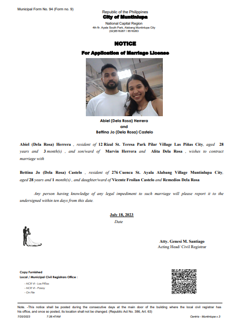 Notice Marriage License – Local Civil Registry Office