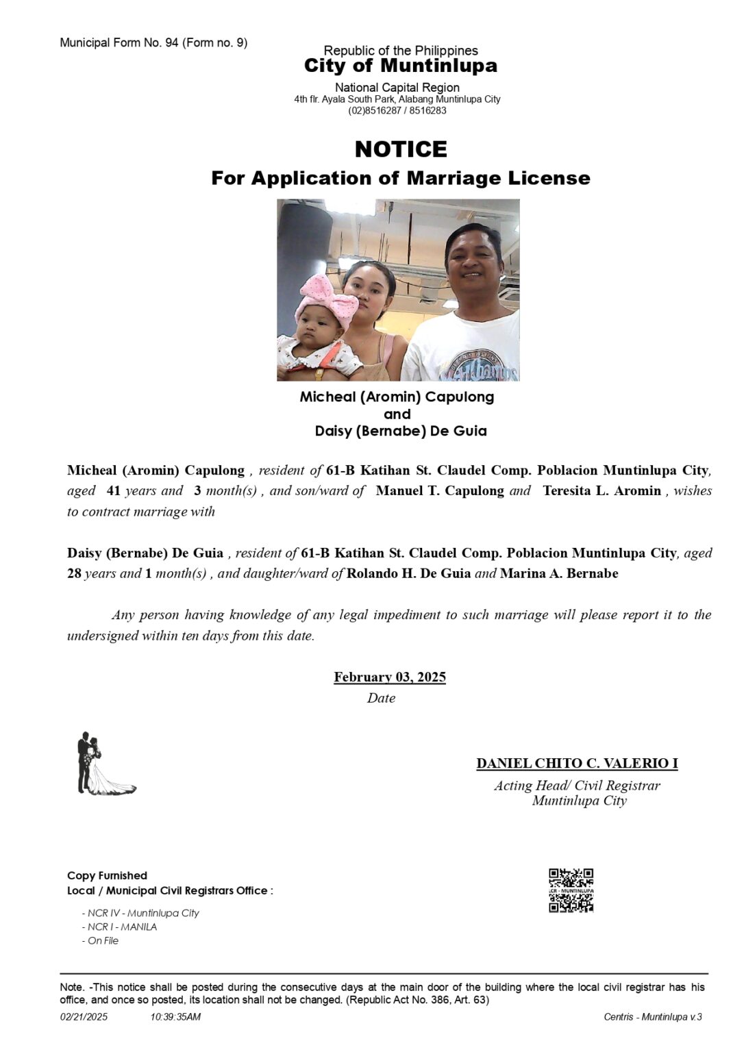 Notice Marriage License – Local Civil Registry Office